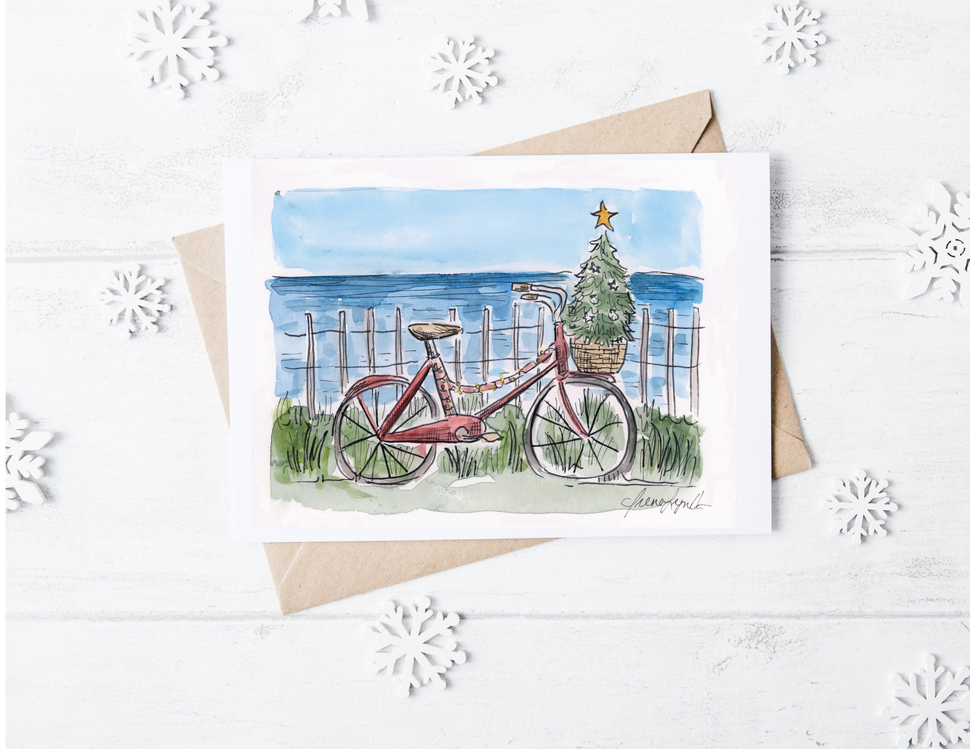 "A Christmas Bike to the Beach" Holiday Card – Irene Lynch Art